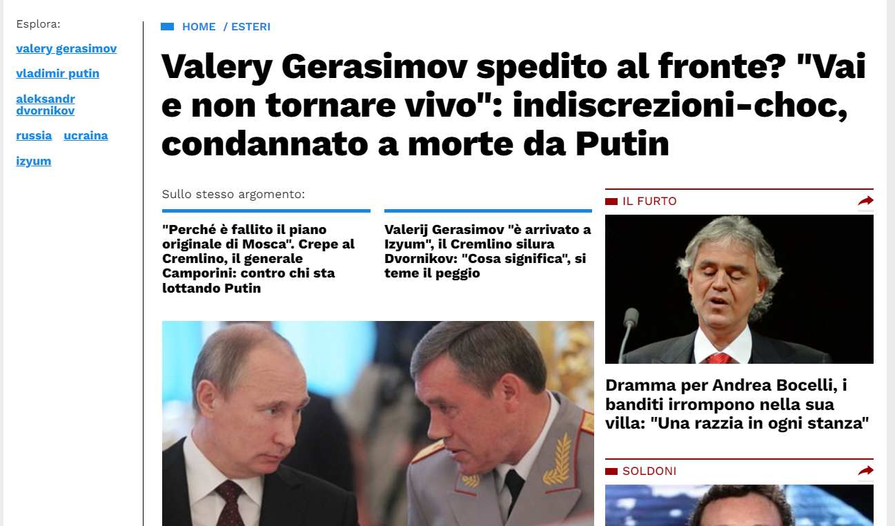 이슈/유머 - (LiberoQuotidiano) "푸틴이 게라시모프한테 전선에 가서 이기거나 죽고 돌아오지 말라고 했다"